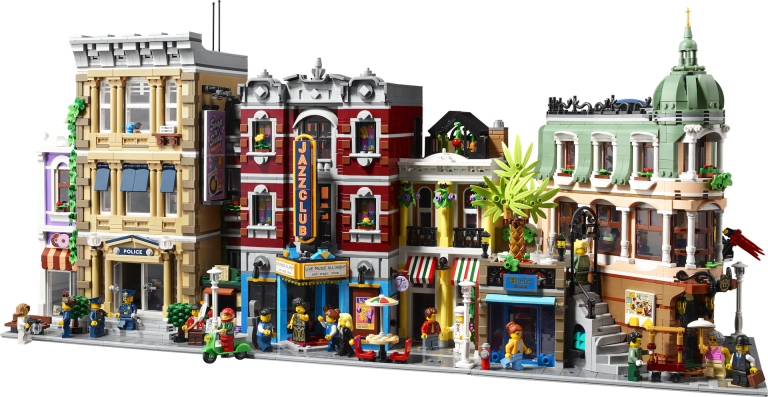 LEGO Icons 10312 Jazz Club lined up with modular buildings