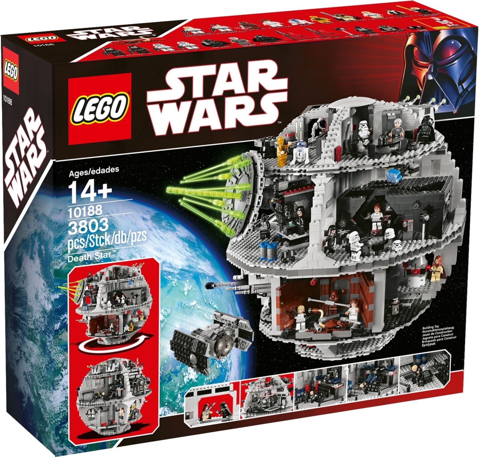 LEGO UCS Death Star's piece count points in one direction