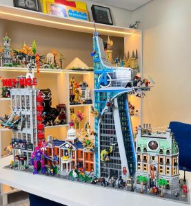 All four LEGO Marvel modular buildings make a super display