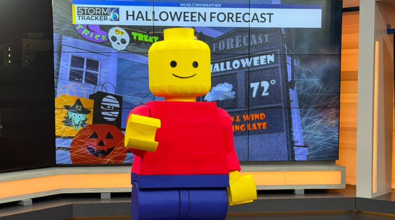 TV meteorologist presents weather in LEGO minifigure costume