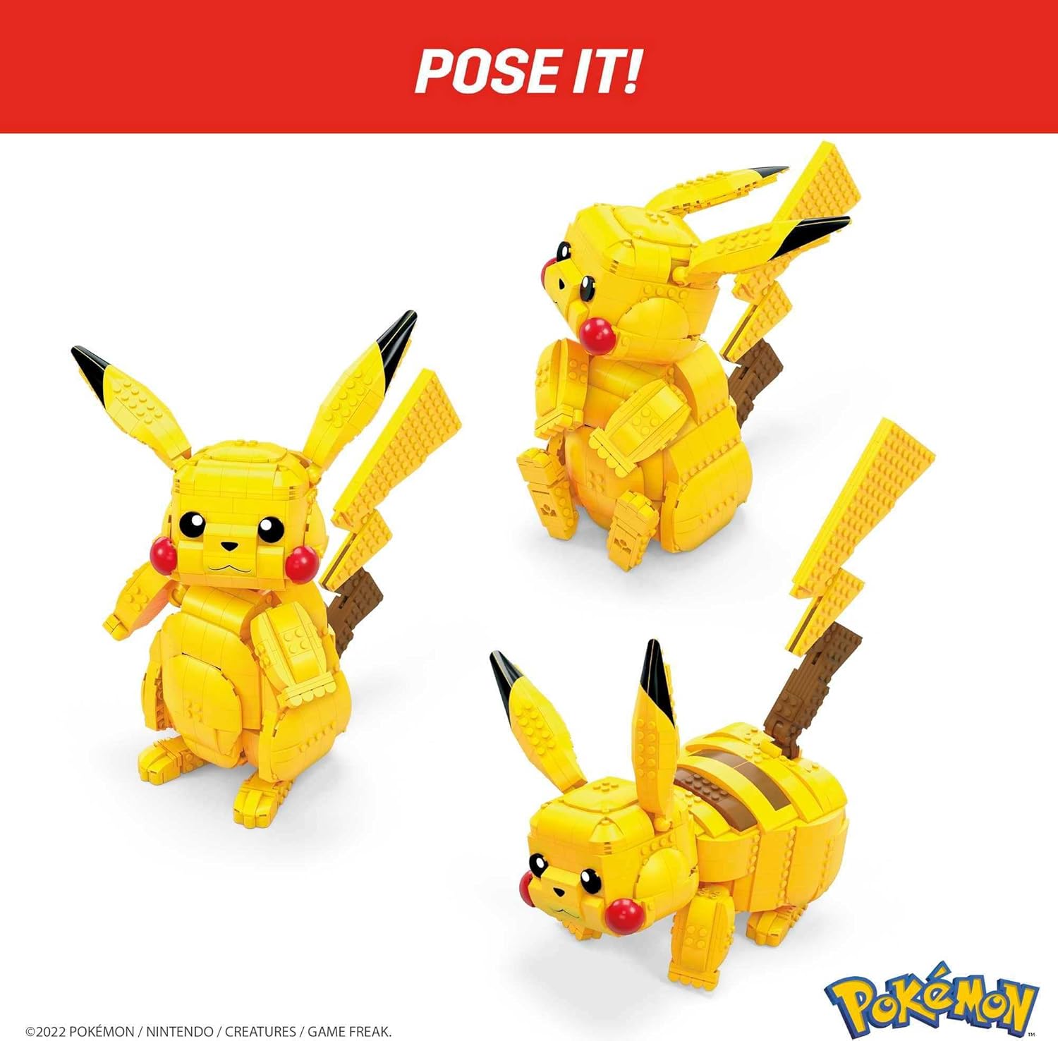 LEGO Pokémon Pikachu compared to Mega's jumbo Pikachu