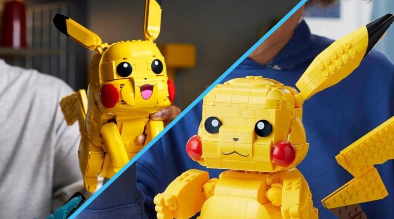 LEGO Pokémon Pikachu compared to Mega's jumbo Pikachu