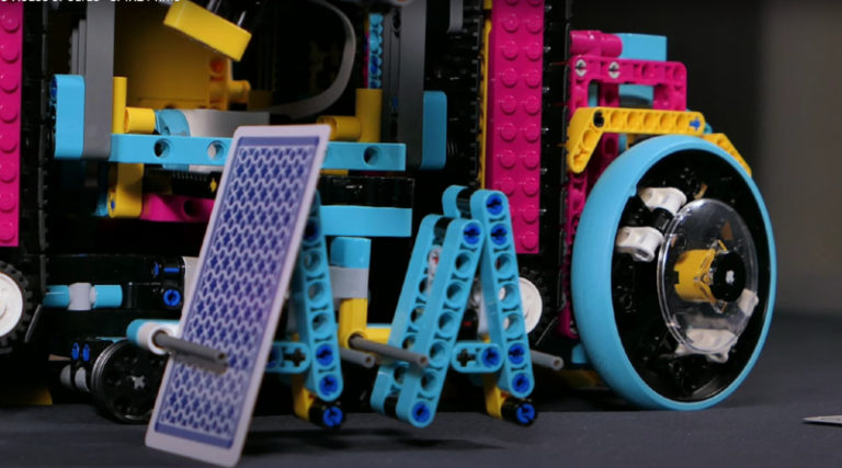 Watch a LEGO Education SPIKE Prime model build a house of cards