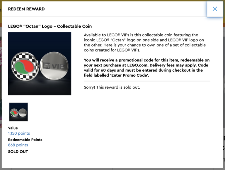 The third LEGO Collectible Coin sells out at the VIP Reward Centre