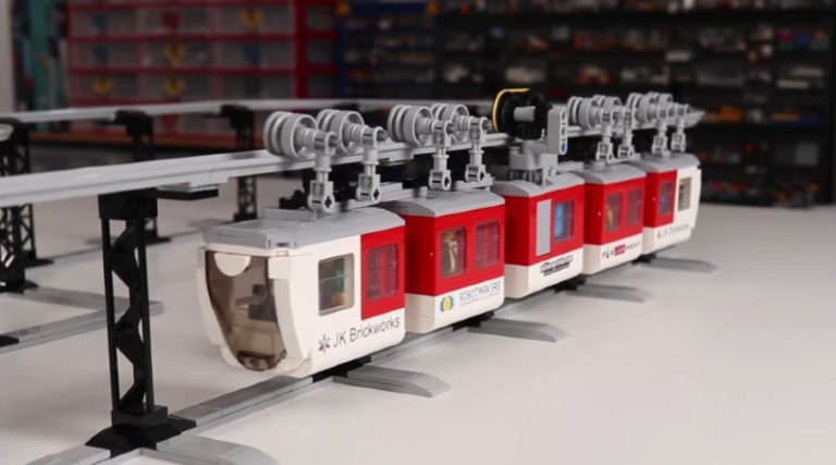 This suspended and motorised LEGO train is only six studs wide